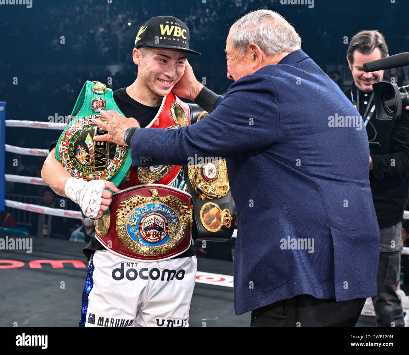 WBC and WBO super bantamweight champion Naoya Inoue of Japan celebrates ...