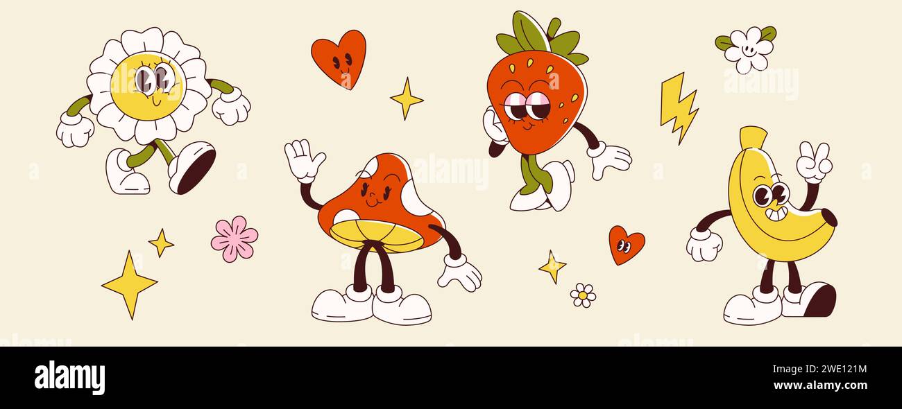 Retro groovy cartoon characters of daisy and mushroom, banana and strawberry with decorative ...