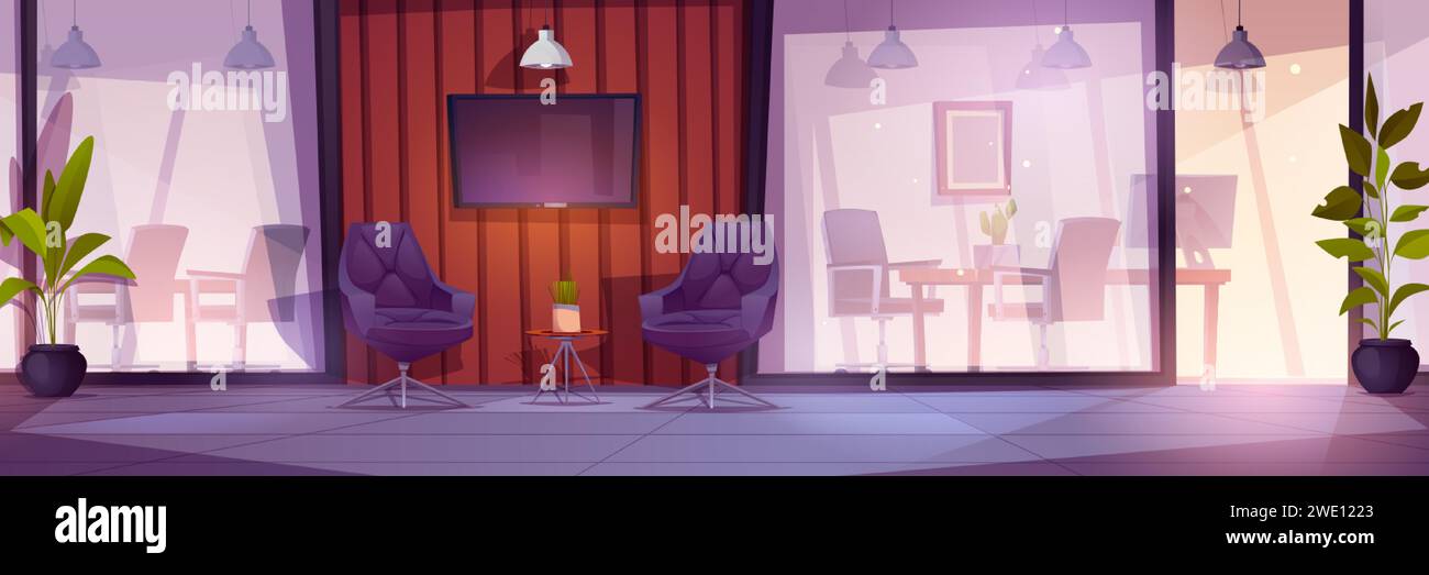 Modern workspace with glass wall - cartoon vector office room interior ...