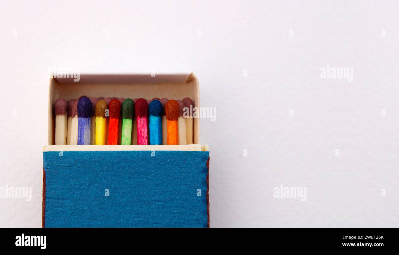Detail of colorful matches inside their box Stock Photo - Alamy