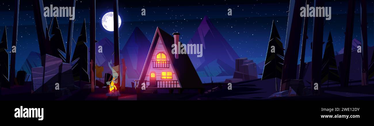 Wooden house near night forest river. Vector cartoon illustration of ...