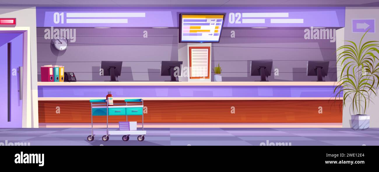 Hospital reception hall interior with computers on registration counter ...