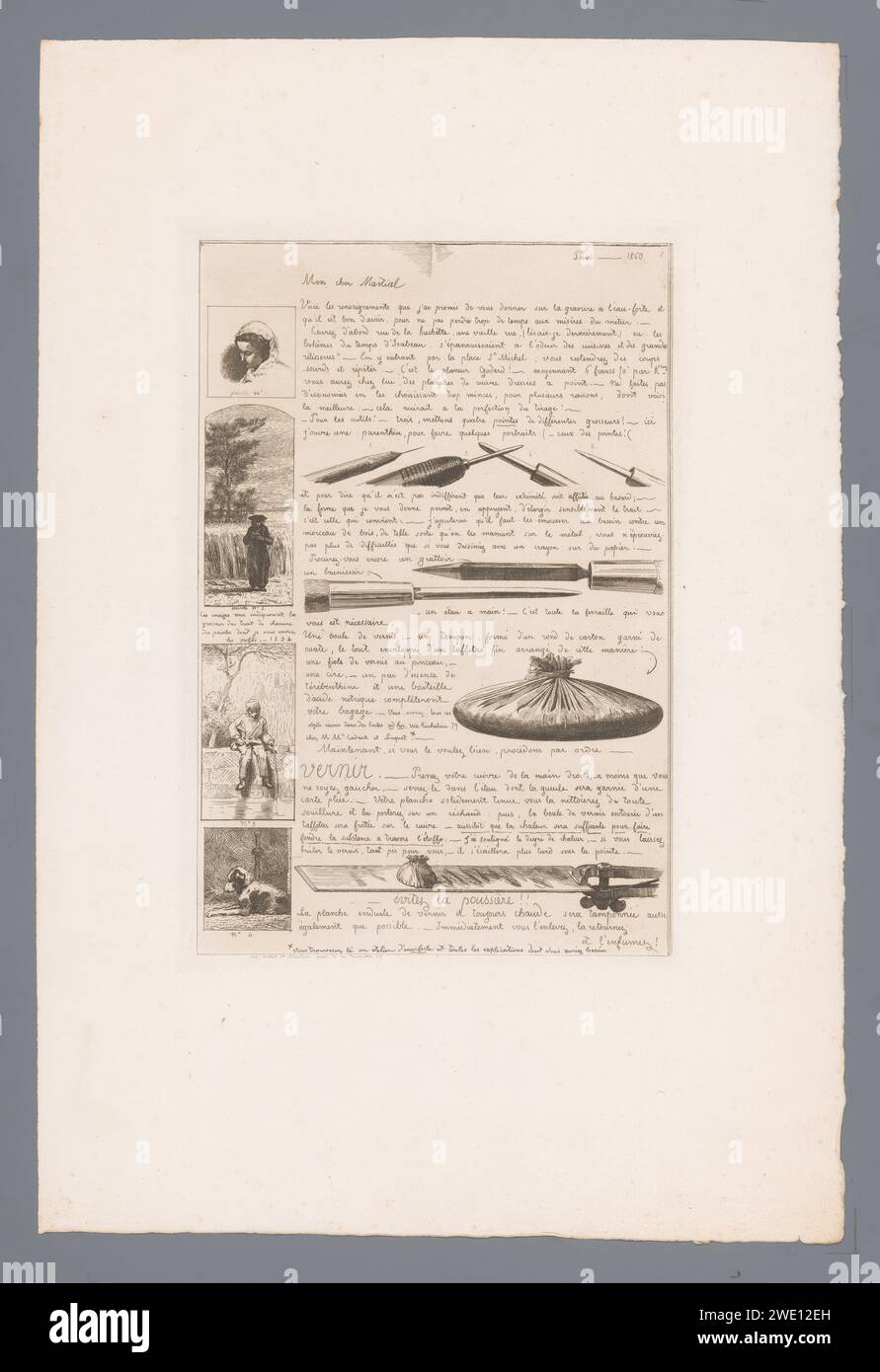 Letter about etching techniques with illustrations from different tools ...