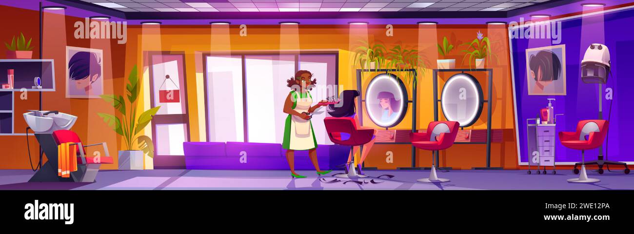 Beauty salon interior with woman stylist cuts female client hair ...
