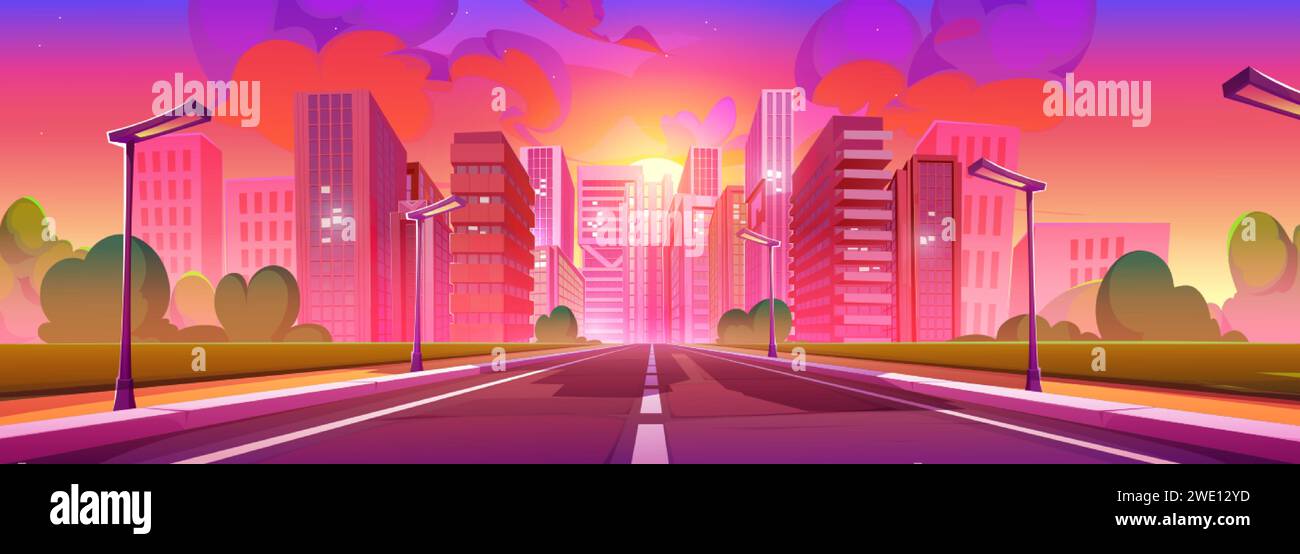 Modern city highway in lights of sunrise. Vector cartoon illustration ...