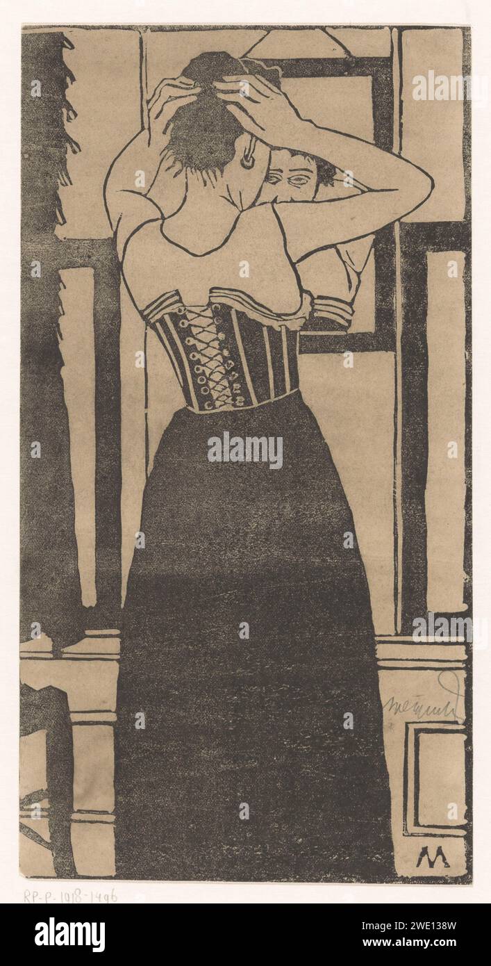 In front of the mirror, Samuel Jessurun de Mesquita, c. 1899 print Woman in corset seen on the ...