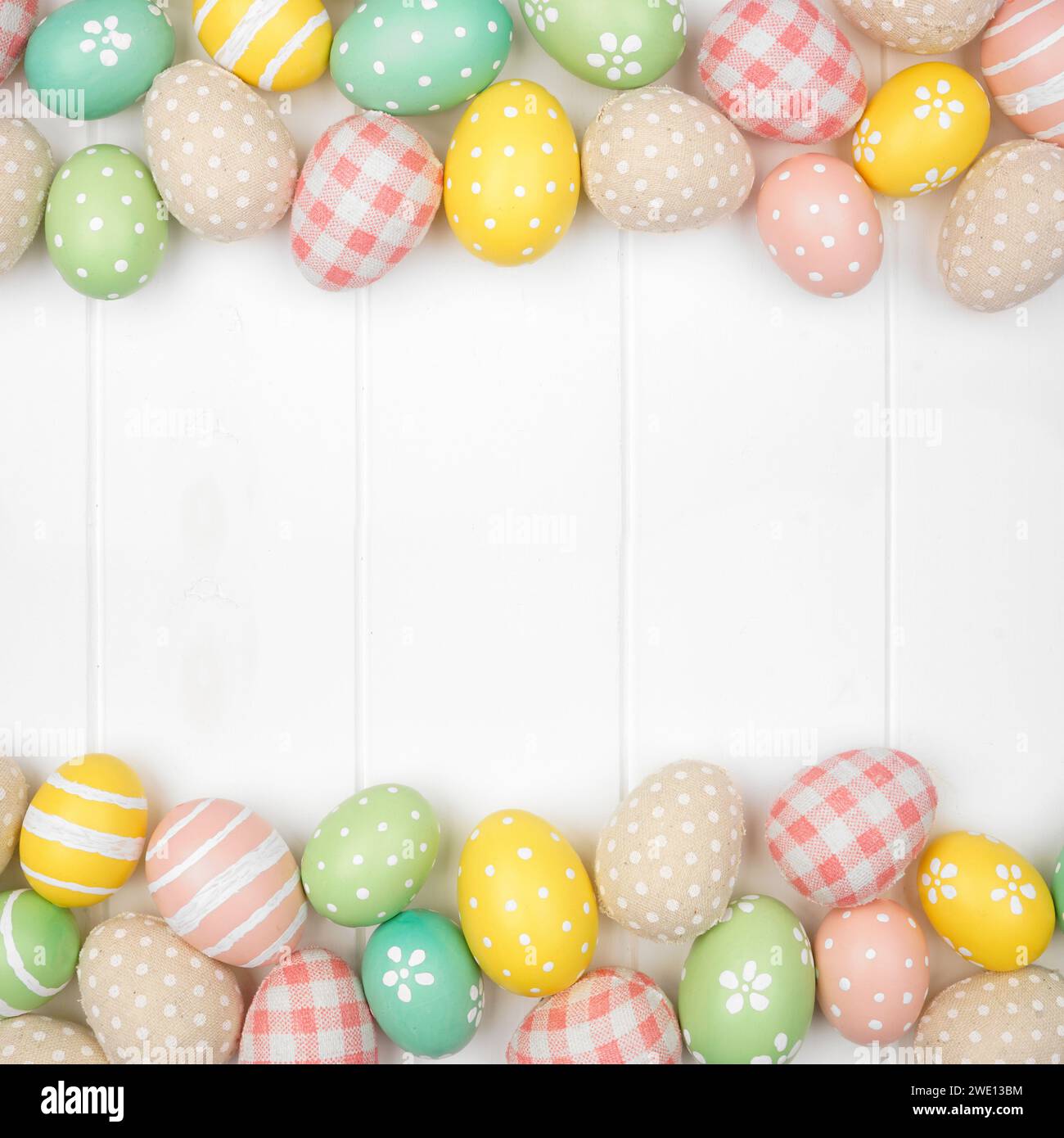 Easter double border with farmhouse style cloth and pastel colored eggs ...