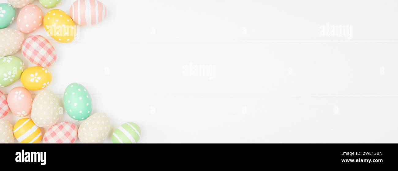 Easter side border with farmhouse style cloth and pastel colored eggs ...