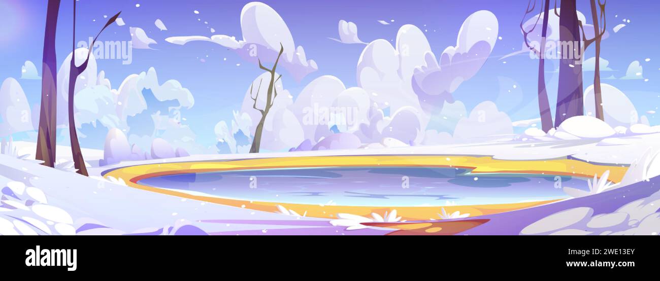 Winter landscape with bushes and trees around lake covered with snow ...