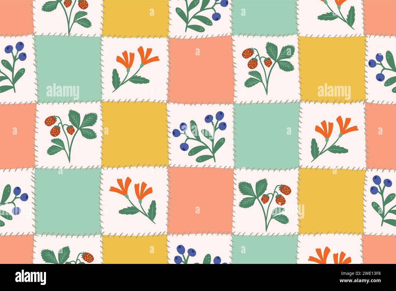 Seamless vector Cheater quilt patchwork berries and flowers, vector ...