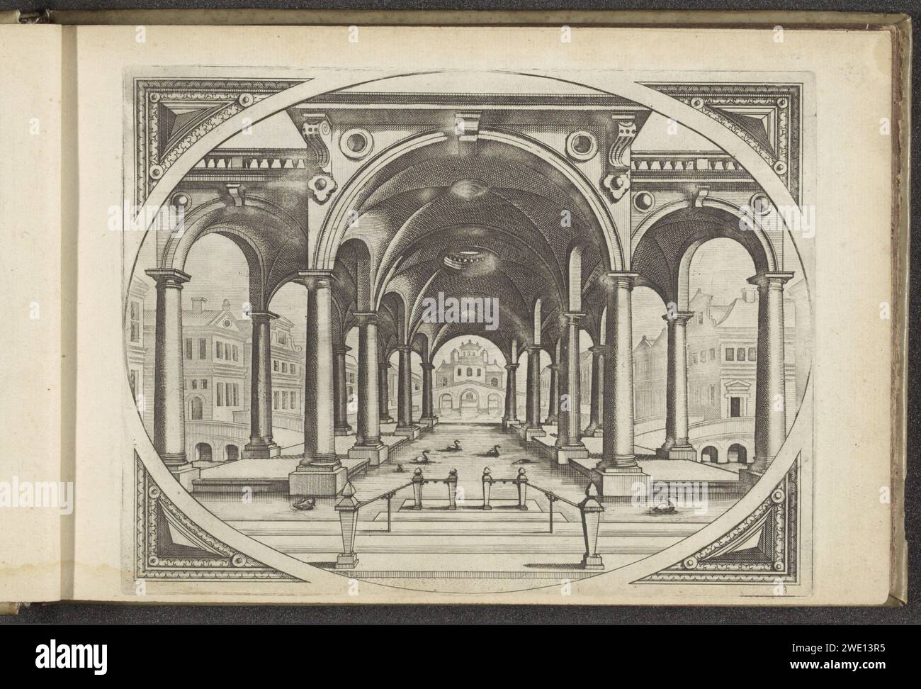 Open Colonnade with columns and cross vaults above a pond, Johannes or ...