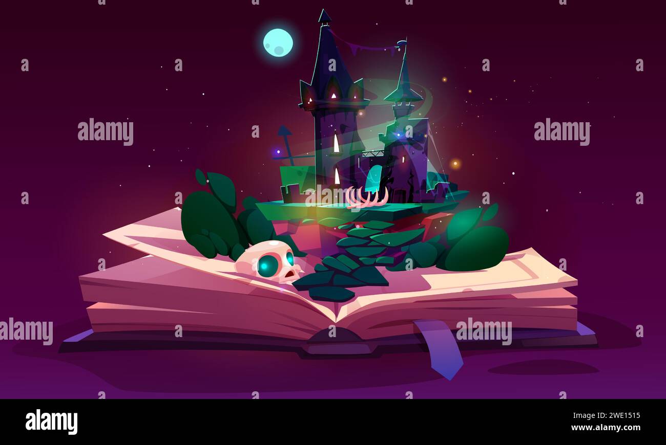 Open fairytale book with magic spooky witch house, skull and green ...