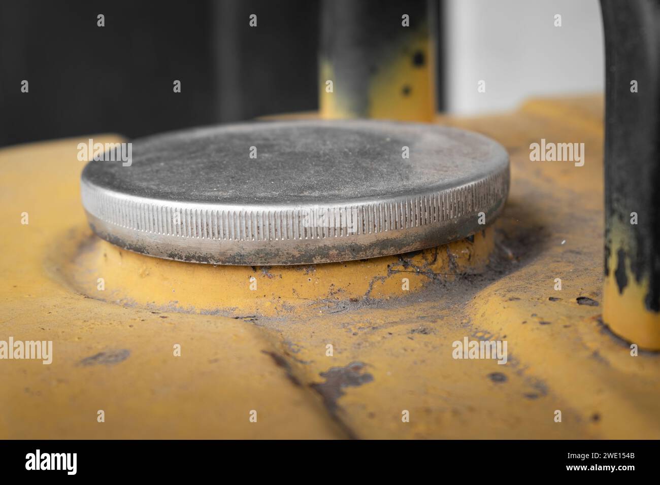 Close up look of an old power generator. Old yellow fuel back up ...
