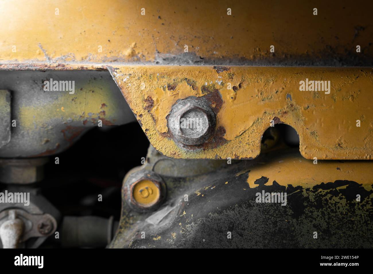 Close up look of an old power generator. Old yellow fuel back up ...