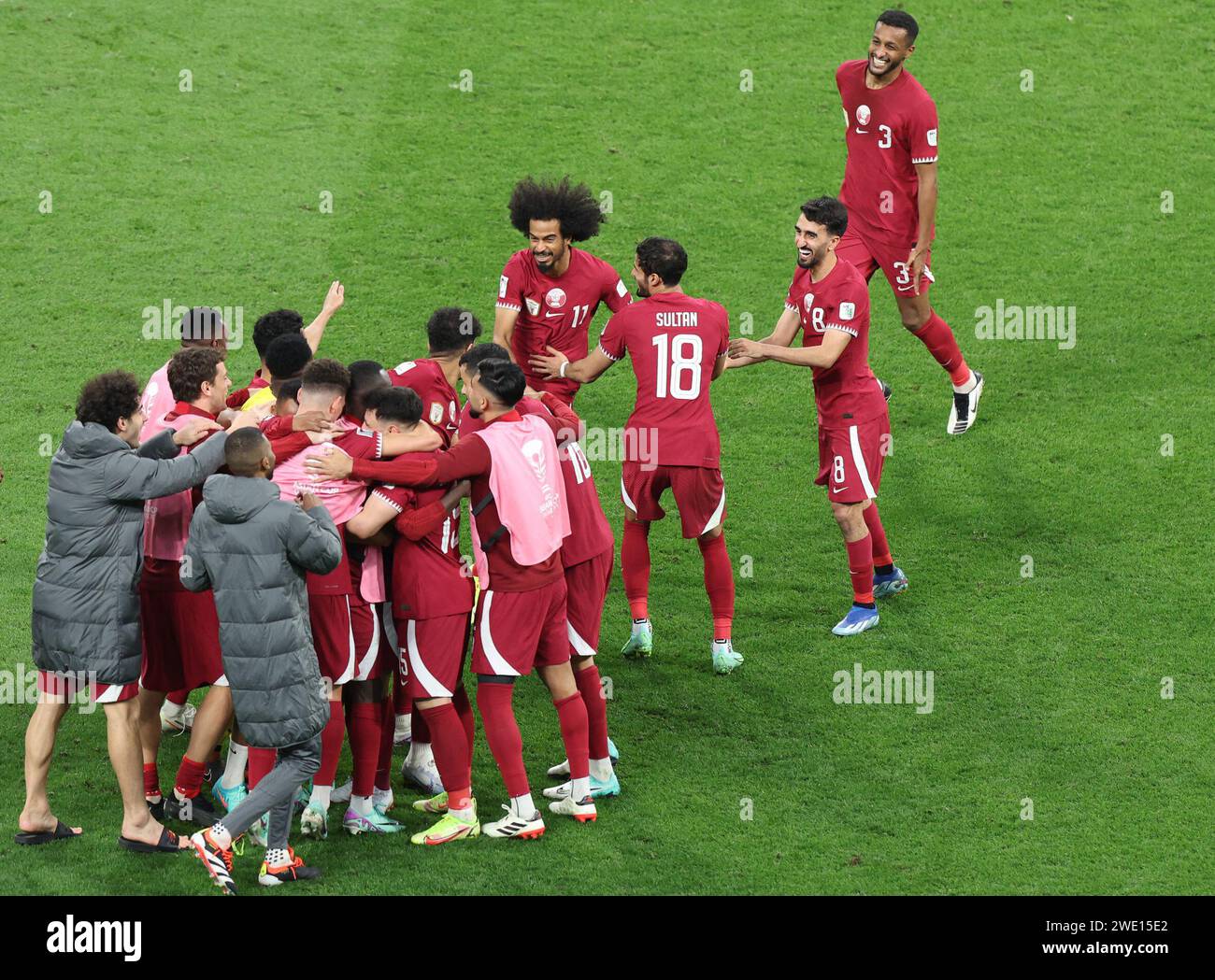 Doha, Qatar. 22nd Jan, 2024. Players of Qatar celebrate scoring during ...