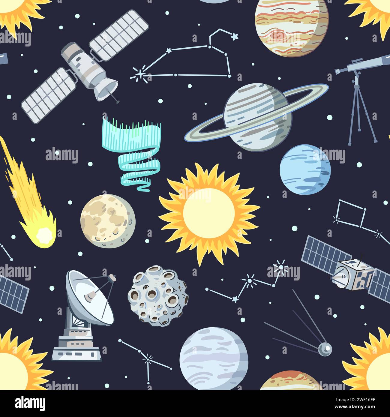 Seamless pattern with stars, planets and satellites in cosmos. Cartoon ...