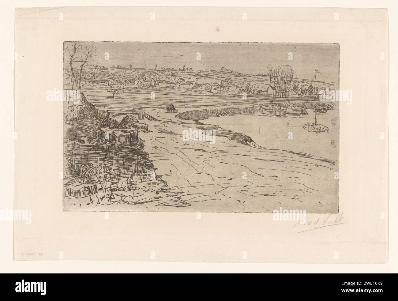 Landscape with houses and water with moored sailboats, Maurits van der Valk, 1867 - 1935 print ...