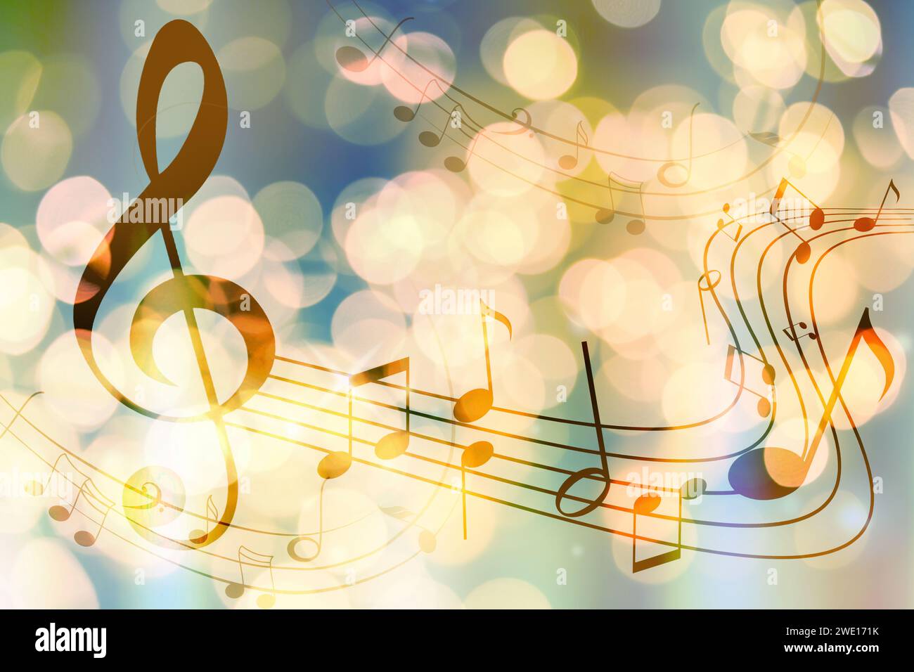 Music notes on background with blurred lights, bokeh effect Stock Photo ...