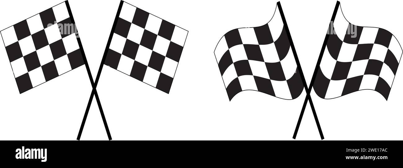 Crossed race flags symbols. Start and finish sport car competition banners with checkered black ...