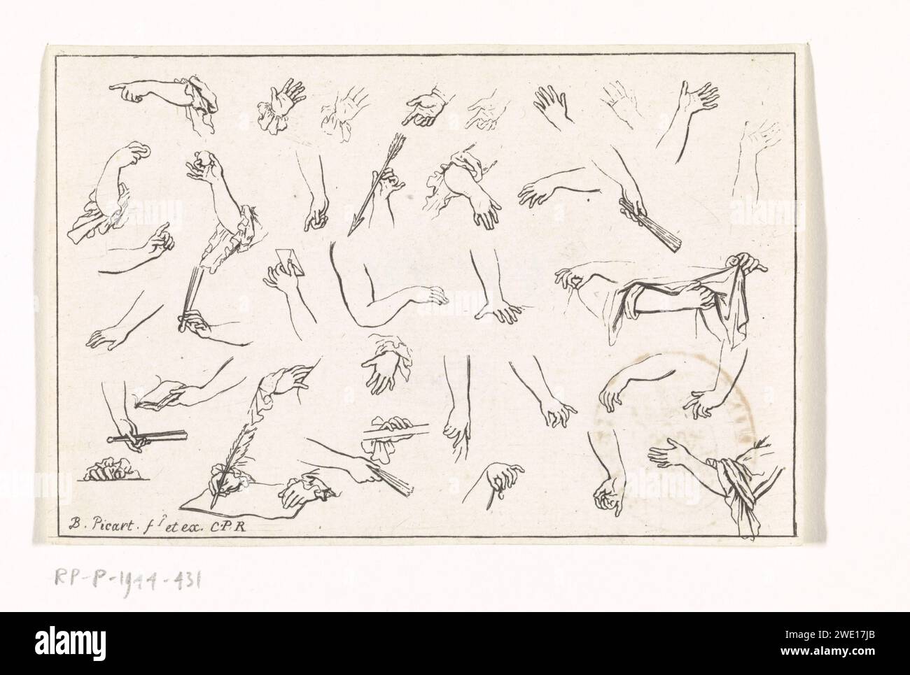 Study with all kinds of positions of poor and hands, Bernard Picart ...