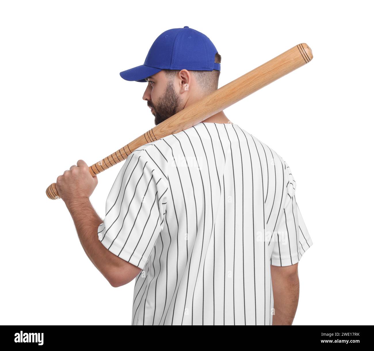 Man in stylish blue baseball cap holding bat on white background, back ...