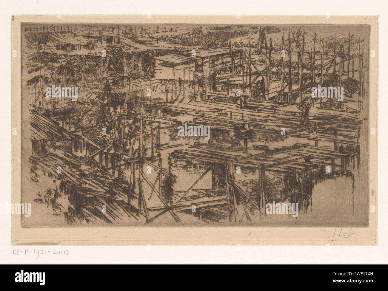 Bouwput with scaffolding, Johannes Löhr, 1892 - 1928 print paper ...