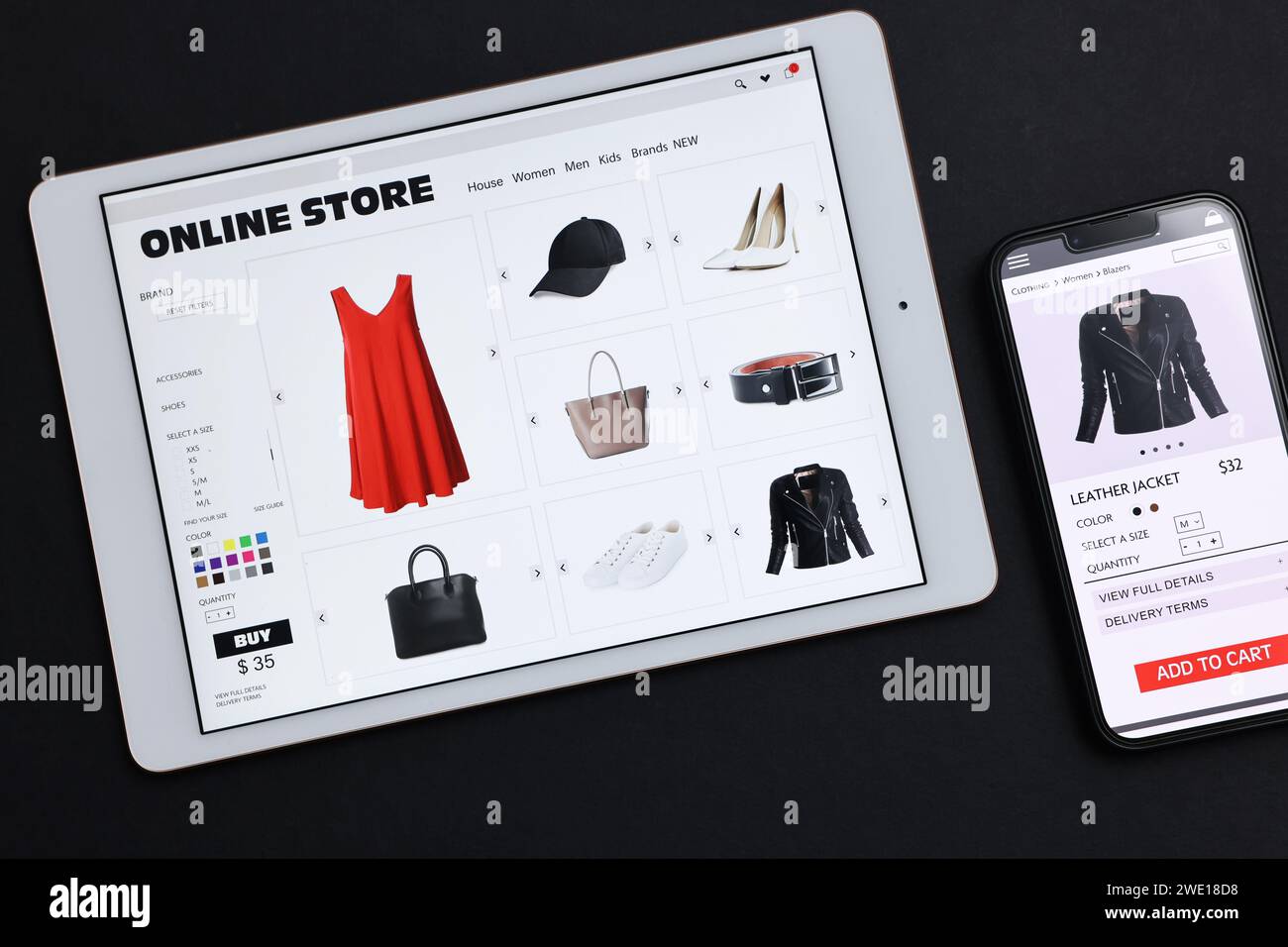 Tablet and smartphone with open online store pages on black background, top view Stock Photo - Alamy