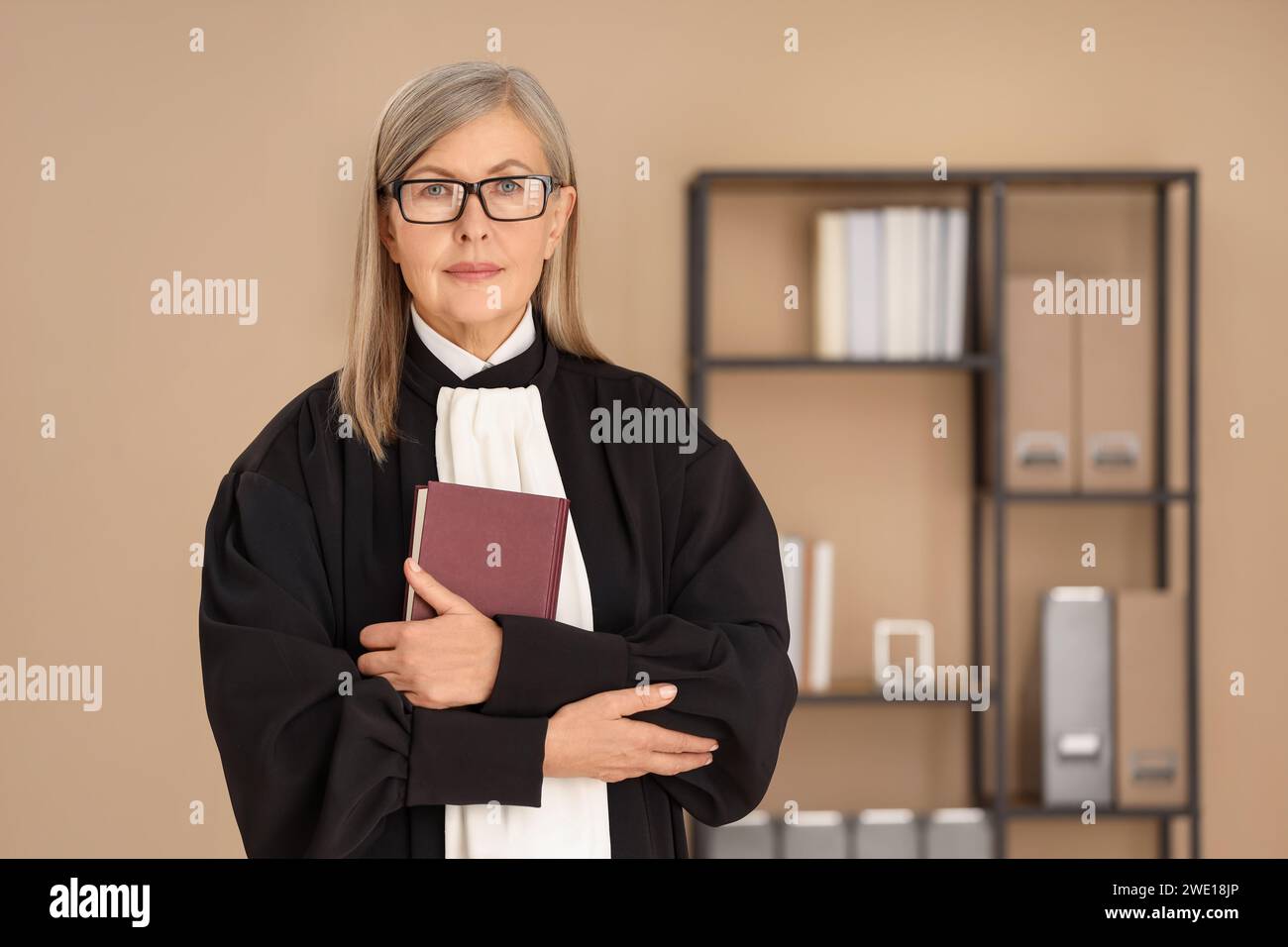 Portrait of judge in court dress with book indoors. Space for text ...