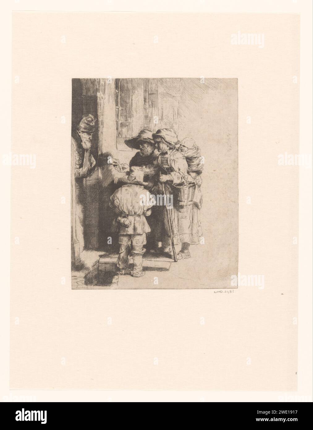 A blind hurdy-gurdy player and family receiving alms, anonymous, after ...