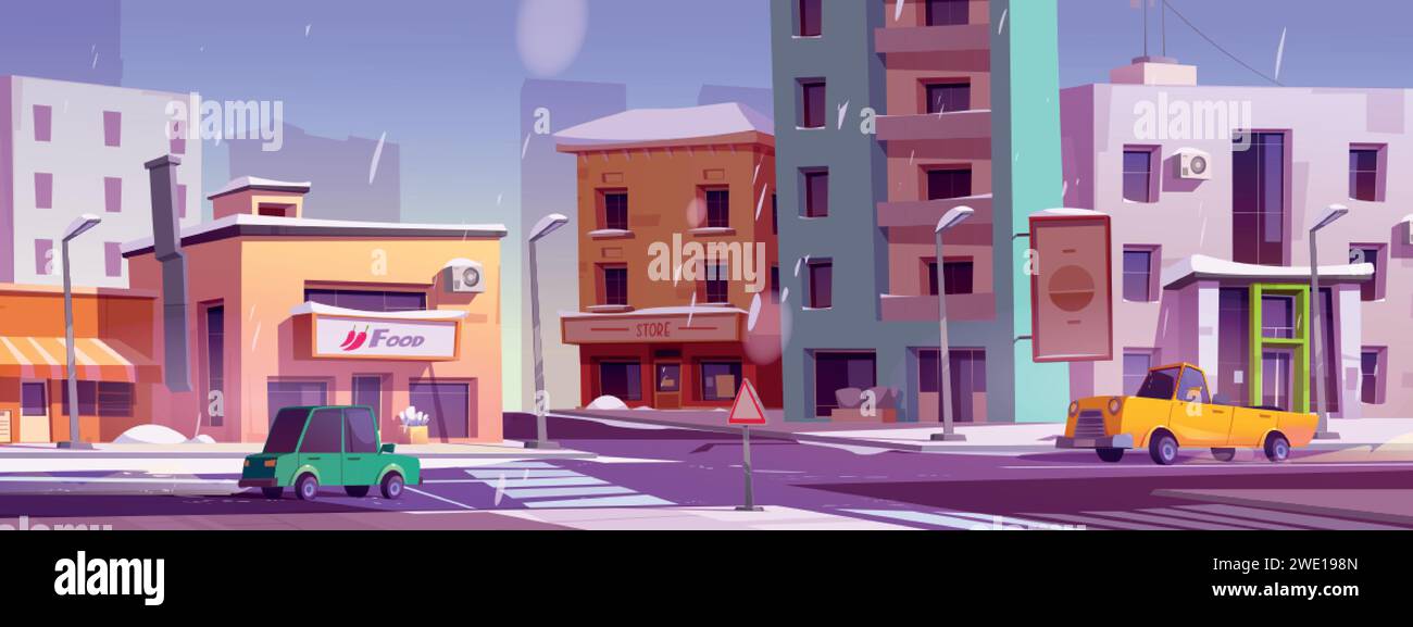 Winter city street intersection with houses and cars. Vector cartoon ...