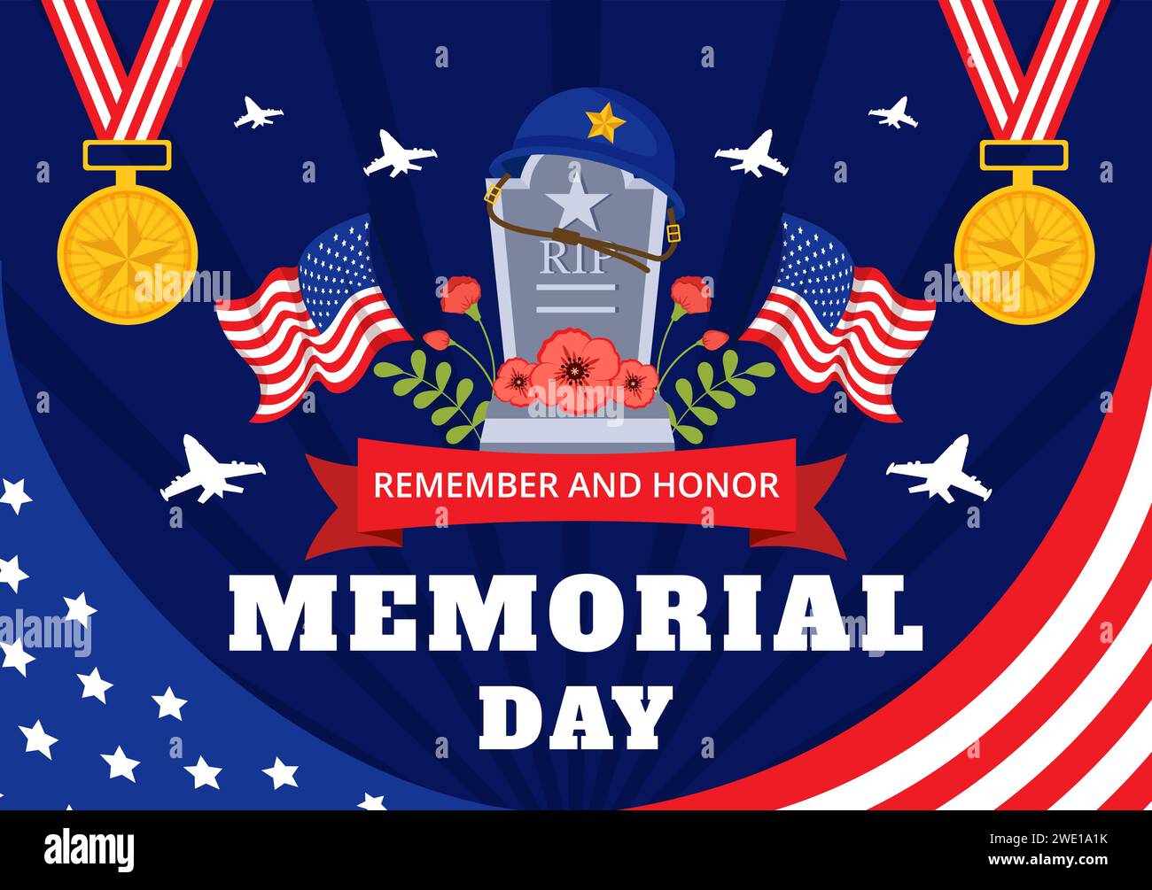 Memorial Day of Remember and Honor Vector Illustration with American ...