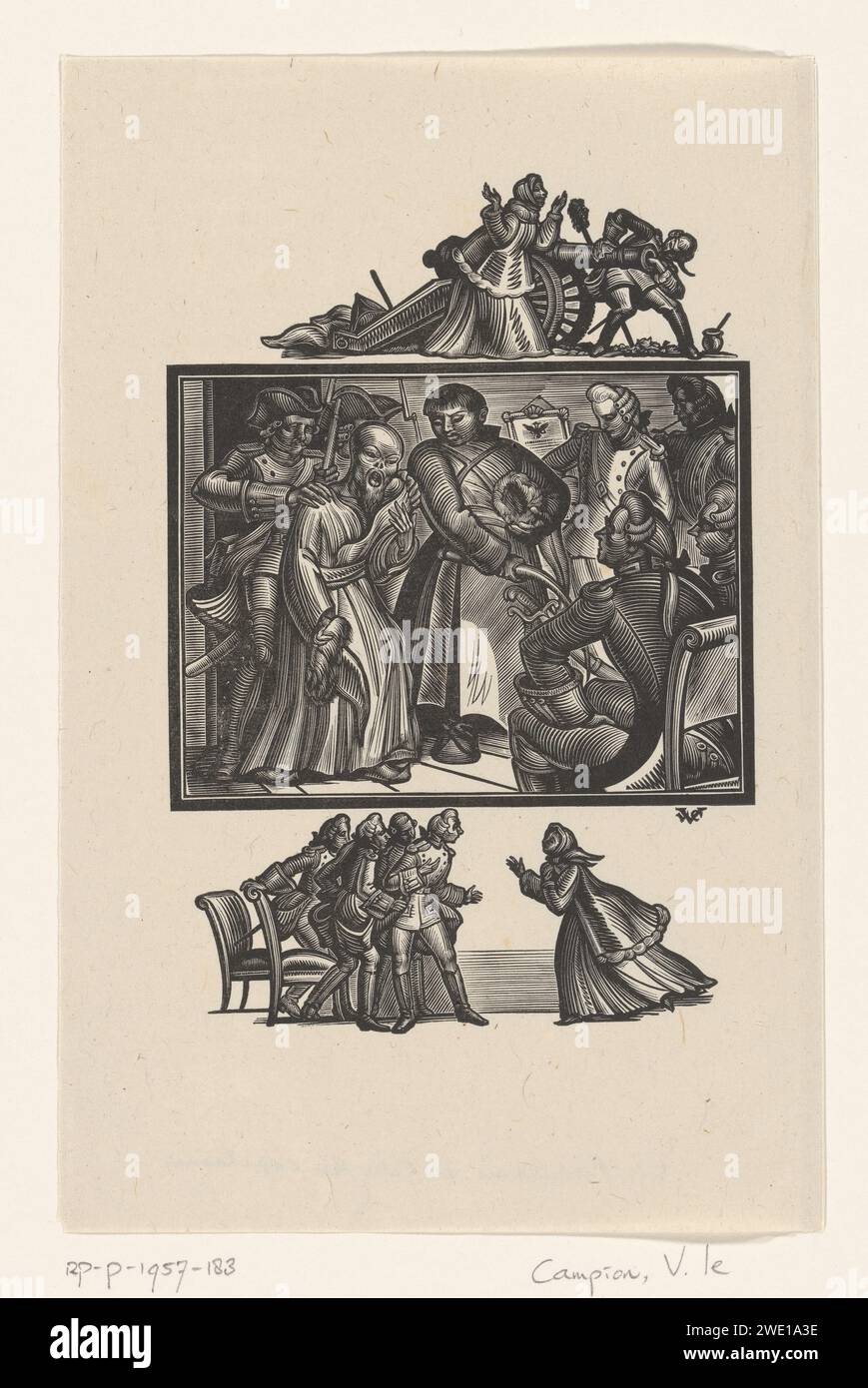 Arrest of Kale Man by soldiers, Valentin Le Campion, 1953 print A bald ...