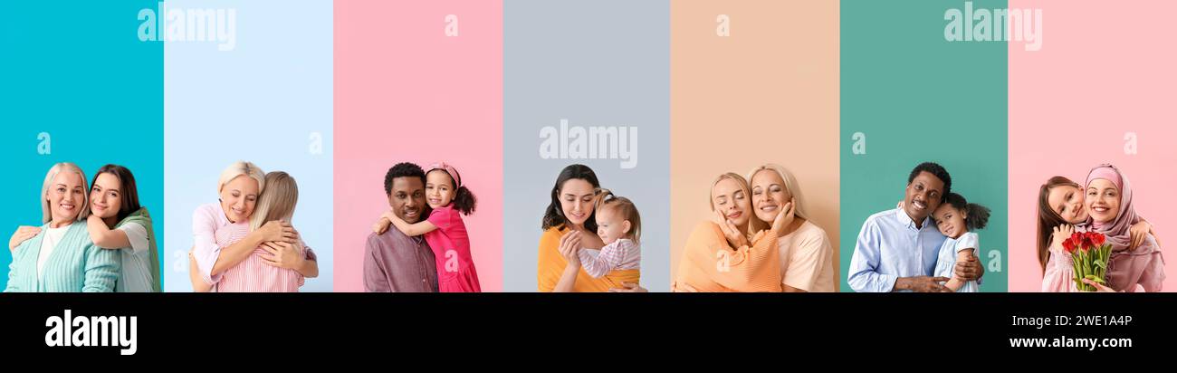 Collage of hugging families on colorful background Stock Photo - Alamy