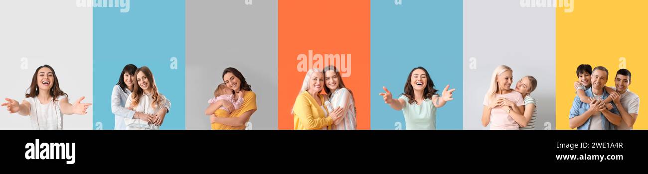 Collage of hugging families and young woman with open arms on colorful ...