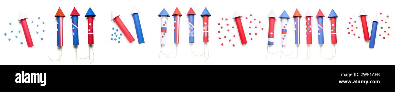 Set of many firework rockets for USA Independence Day on white ...