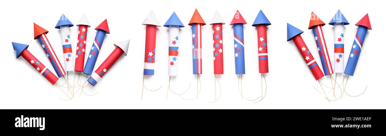 Set of many firework rockets for USA Independence Day on white ...