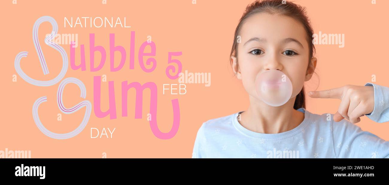 Banner for National Bubble Gum Day with cute little girl Stock Photo ...