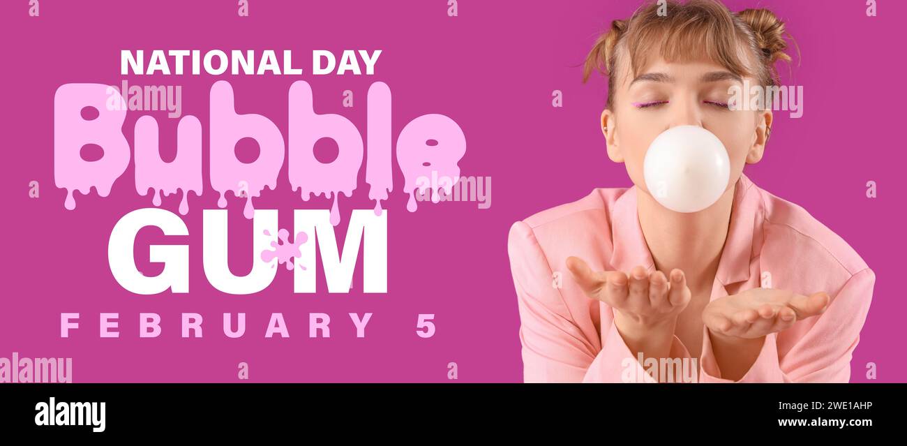 Banner for National Bubble Gum Day with stylish young woman Stock Photo ...
