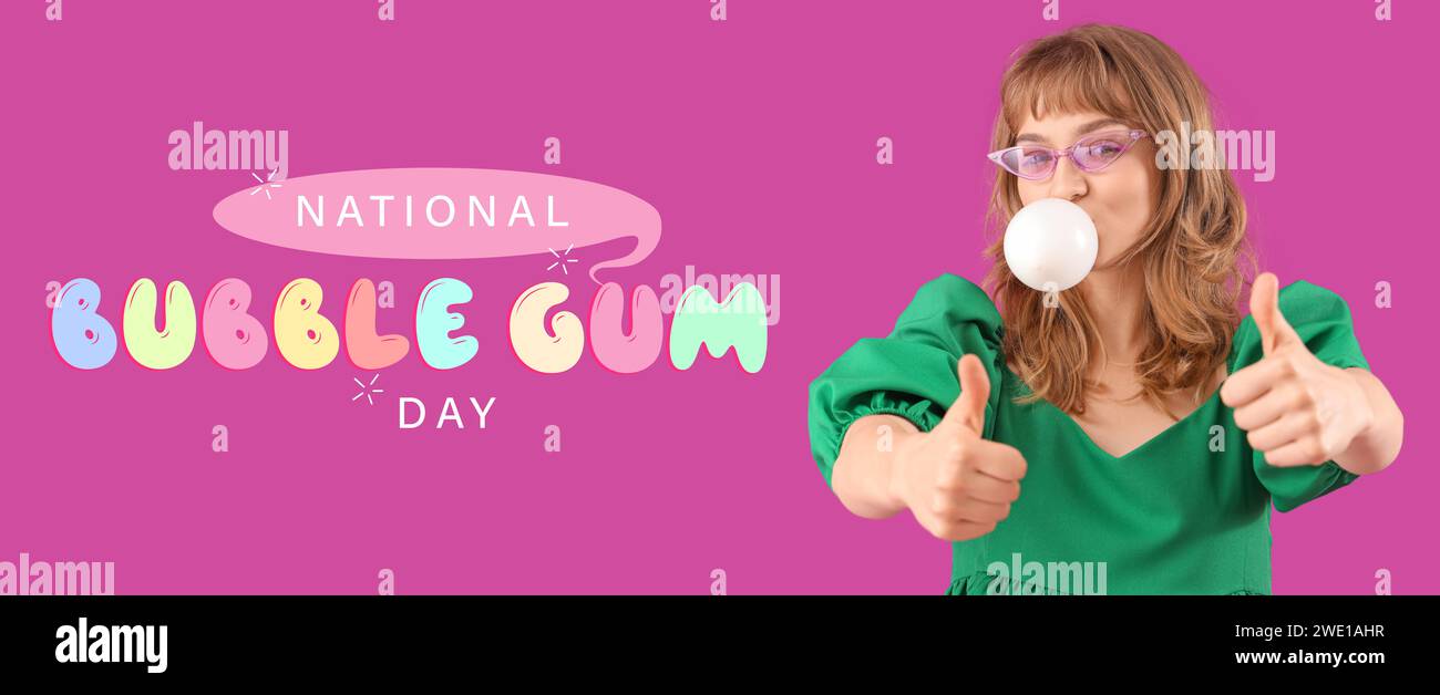 Banner for National Bubble Gum Day with stylish young woman Stock Photo ...