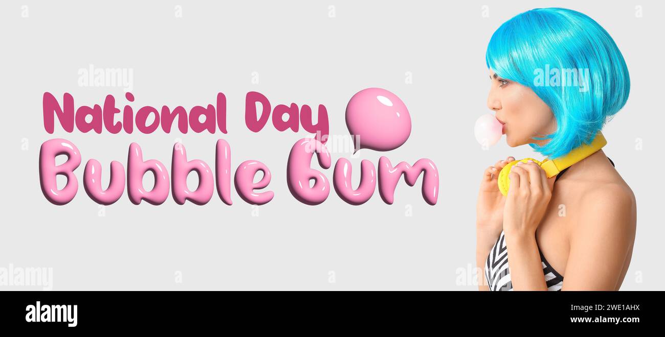 Banner for National Bubble Gum Day with stylish young woman Stock Photo ...