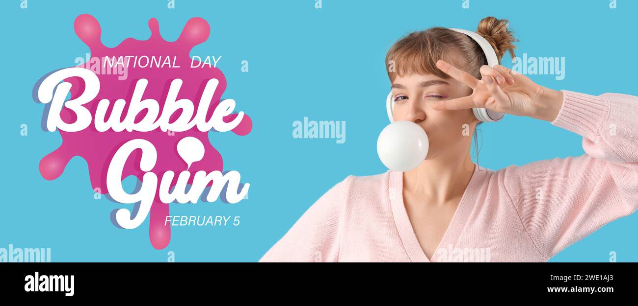 Banner for National Bubble Gum Day with stylish young woman Stock Photo ...