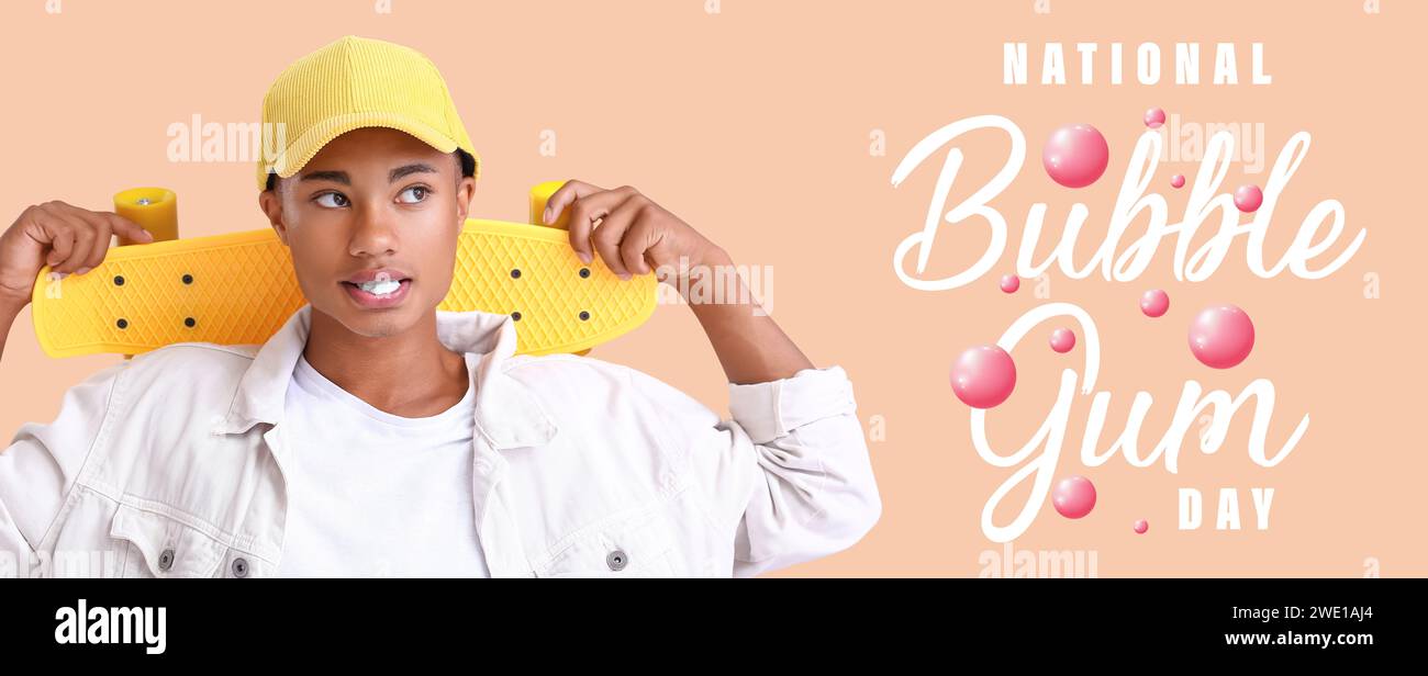 Banner for National Bubble Gum Day with young African-American guy ...