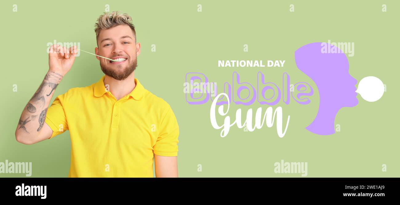 Banner for National Bubble Gum Day with stylish young man Stock Photo ...