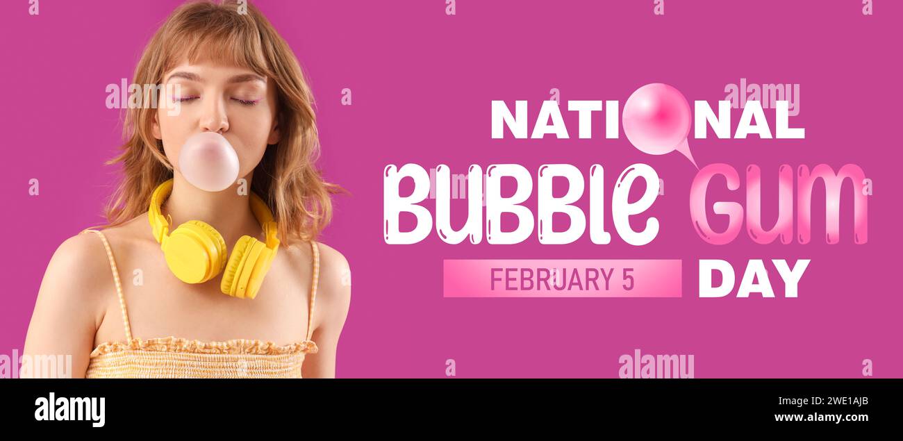 Banner for National Bubble Gum Day with stylish young woman Stock Photo ...