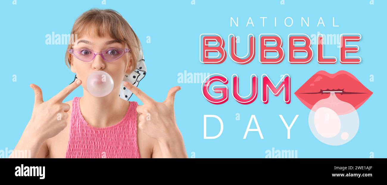 Banner for National Bubble Gum Day with stylish young woman Stock Photo ...