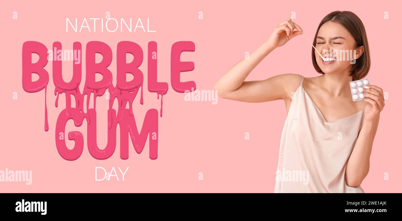 Banner for National Bubble Gum Day with funny young woman Stock Photo ...