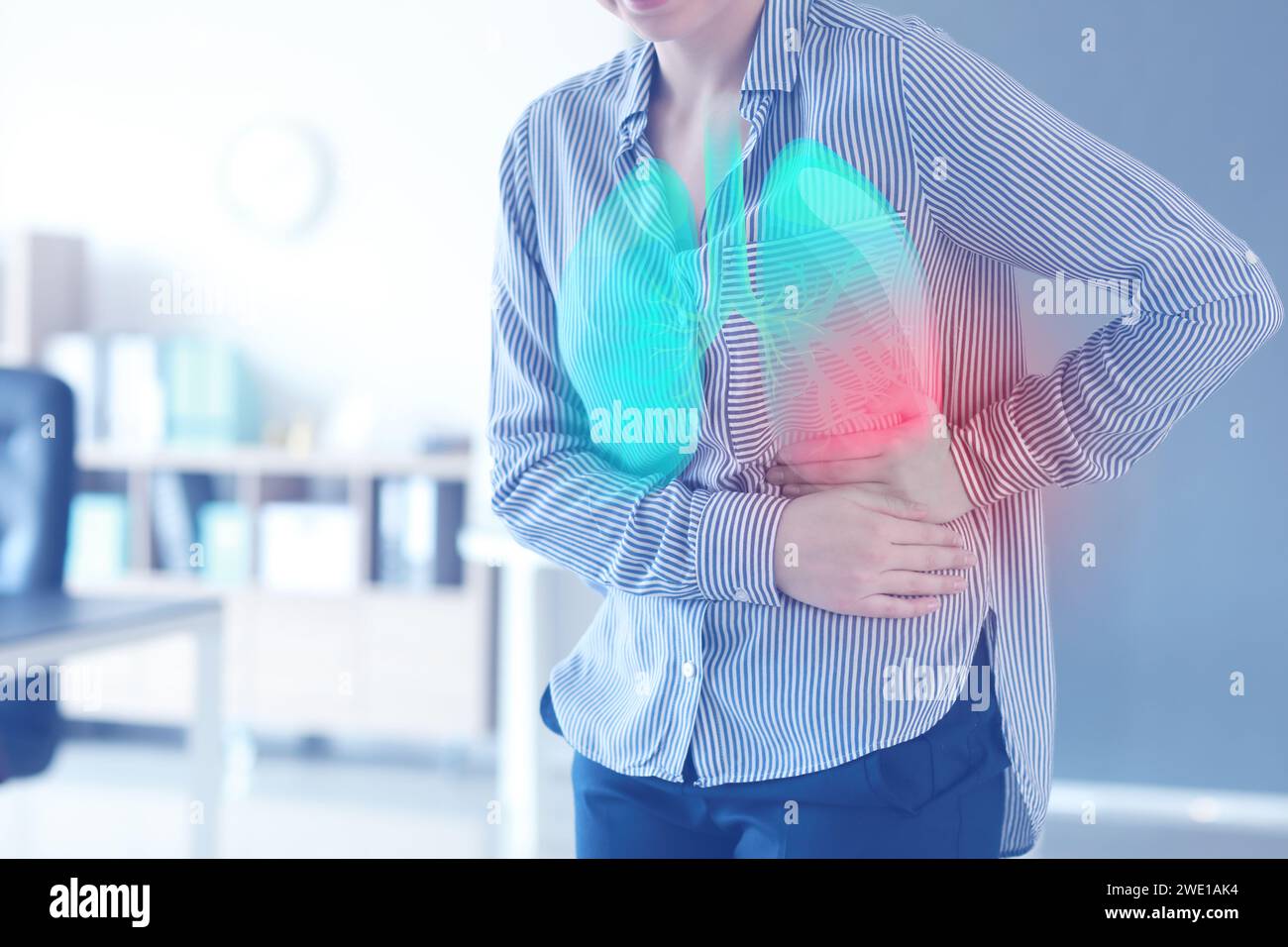 Double exposure of young woman feeling discomfort and picture of lungs ...