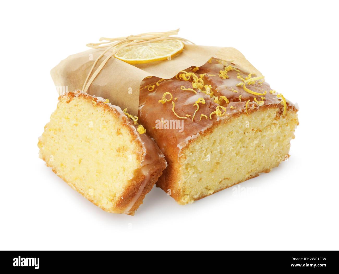 Wrapped tasty lemon cake with glaze isolated on white Stock Photo - Alamy