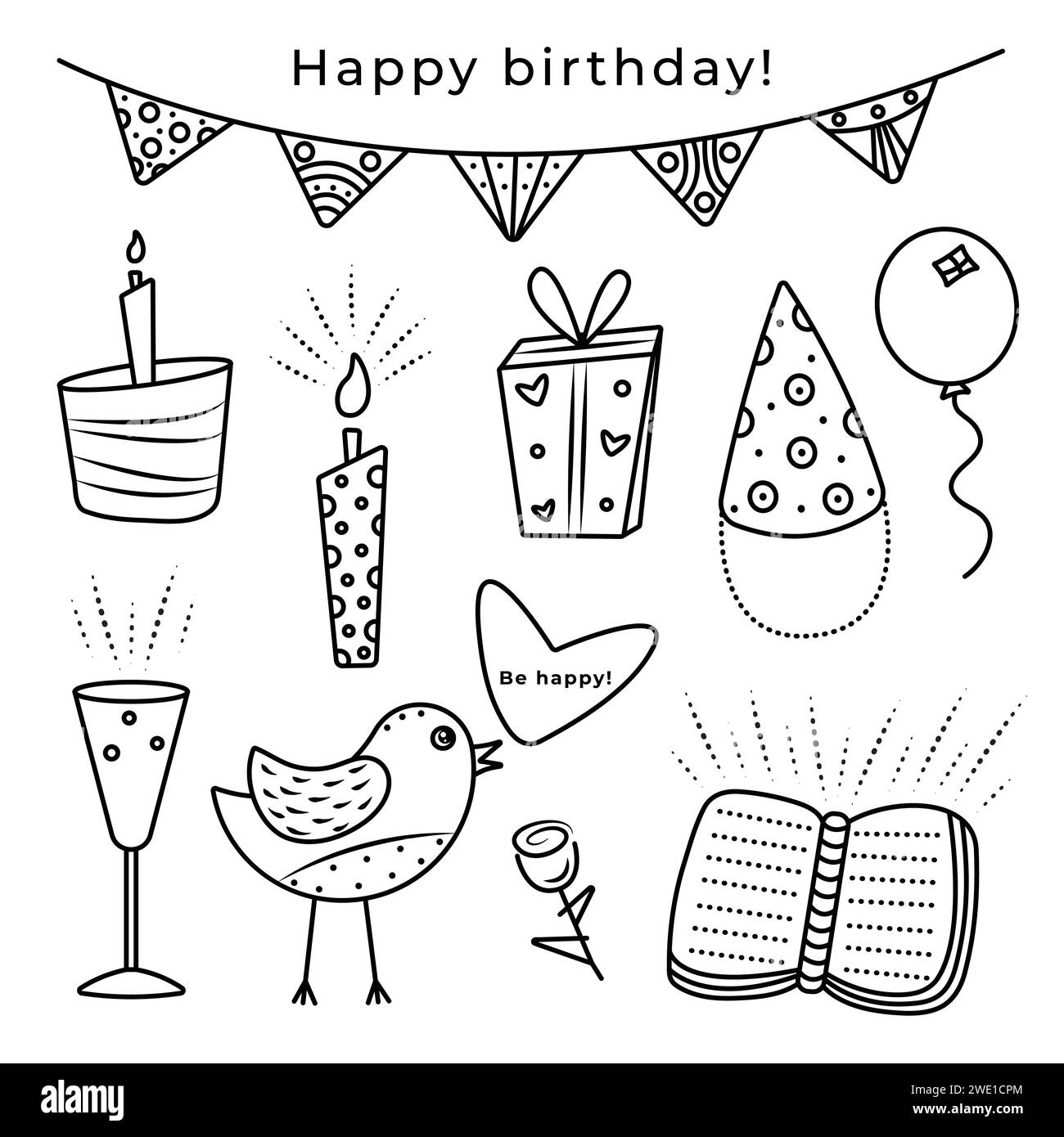 Birthday black and white cute doodle set, holiday vector line stickers ...
