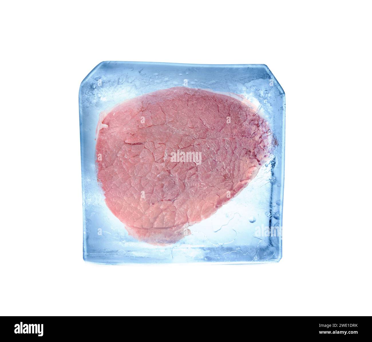 Frozen food. Raw beef cut in ice cube isolated on white Stock Photo - Alamy